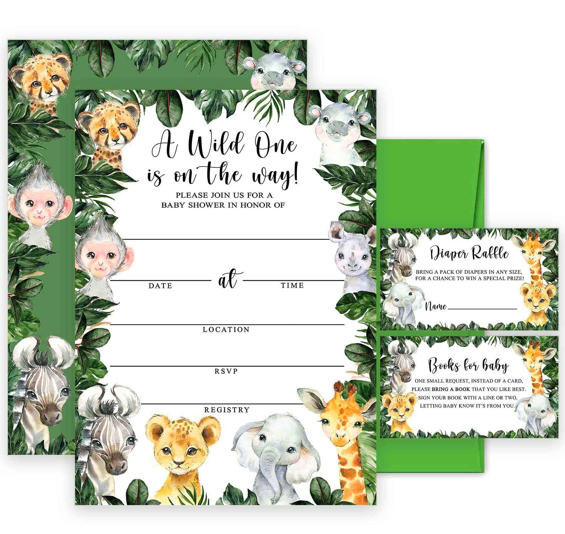 Yuzioey 50 Safari Baby Shower Invitations, Jungle Animals Invitations Macthing Envelpoes, Diaper Raffle Tickets, Book Request Cards, Safari Animals Invitations