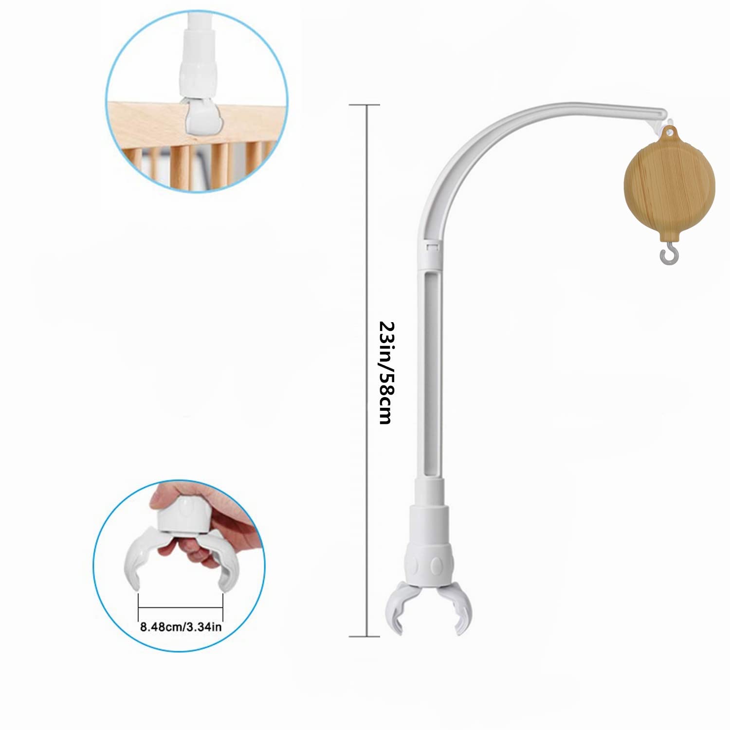 Urvoo 23 inch Baby Crib Mobile Bed Bell Holder Arm Bracket,with Battery-Operated Music Box, The Claw Part can be Adjusted Width-DIY Toy Decoration, Plays 35 Tunes Volume Adjustable (58CM)