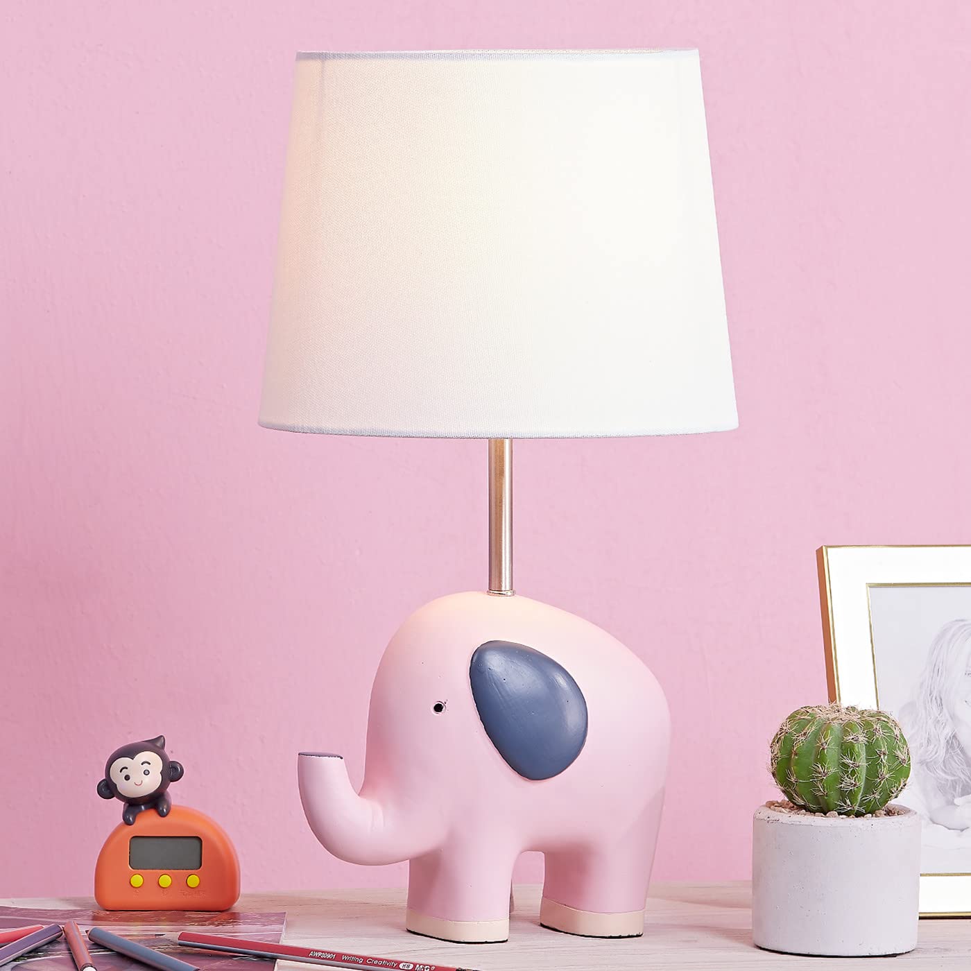 Maxax Table Lamp, Pink Elephant Bedside Nightstand Lamp with White Shade for Bedroom, Kindergarten, Preschool, 16.5 Inch