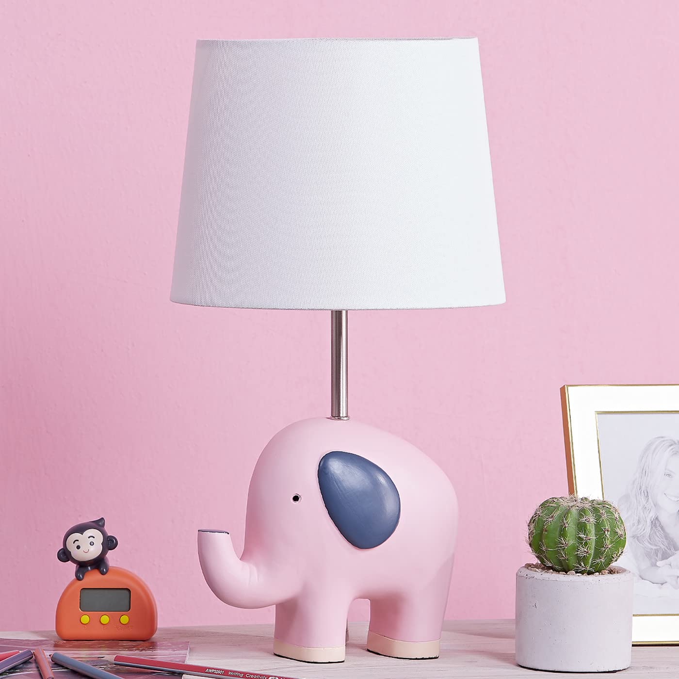 Maxax Table Lamp, Pink Elephant Bedside Nightstand Lamp with White Shade for Bedroom, Kindergarten, Preschool, 16.5 Inch