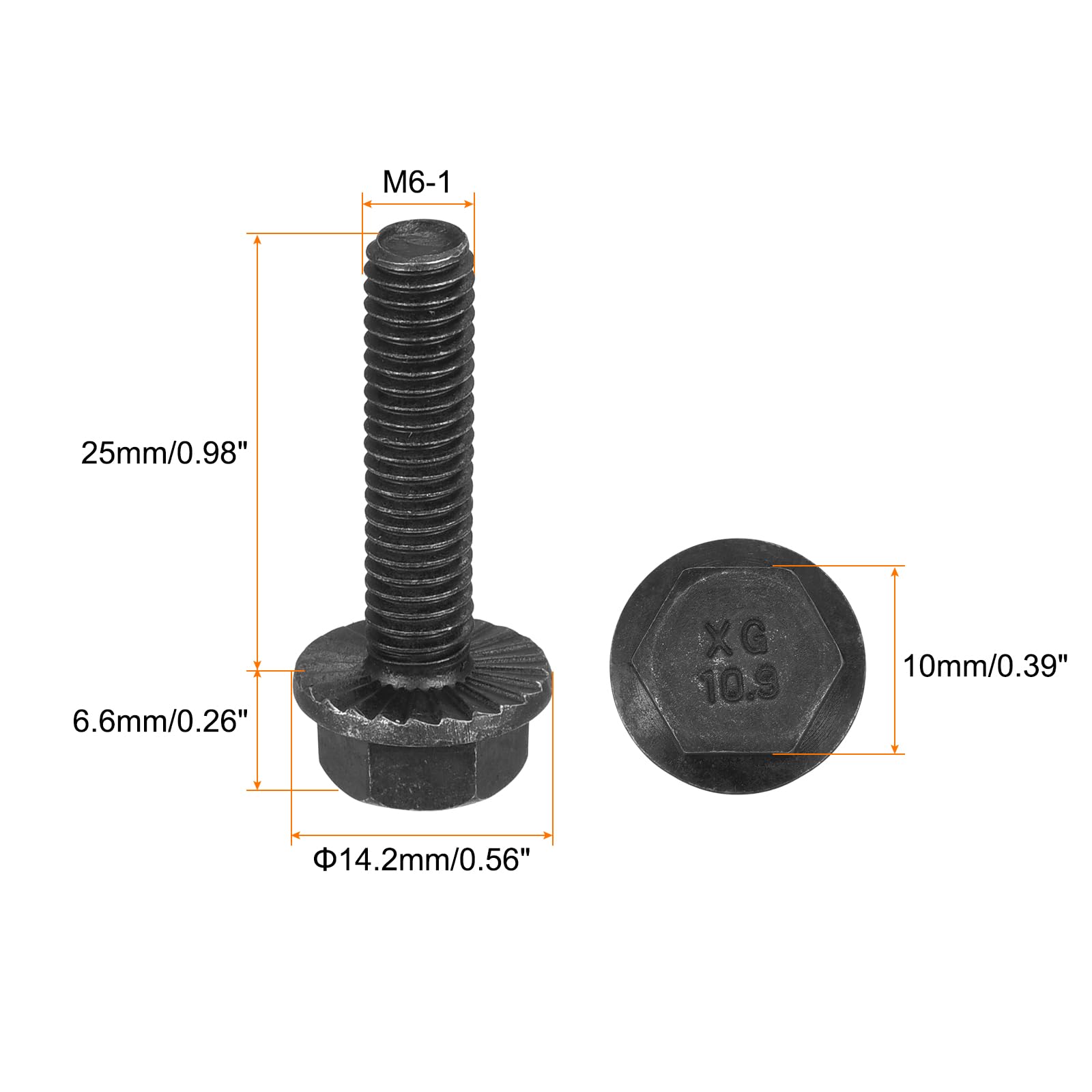 uxcell M6-1x25mm Hex Serrated Flange Bolts 10.9 Grade Carbon Steel Screws 15pcs