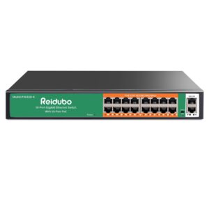 reidubo 18 ports gigabit poe switch,16 port gigabit poe+ network switch with 2 uplink gigabit ports, 250w, unmanaged, 19-inch rackmount, fanless quiet operation, compatible with ap wifi6, poe cameras