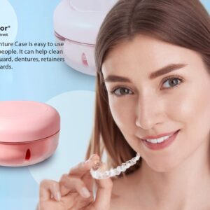 Denture Case, Definitely No-Leak Denture Bath Box for Traveling Perfectly, Denture Cup with Strainer & Mirror(Pink)