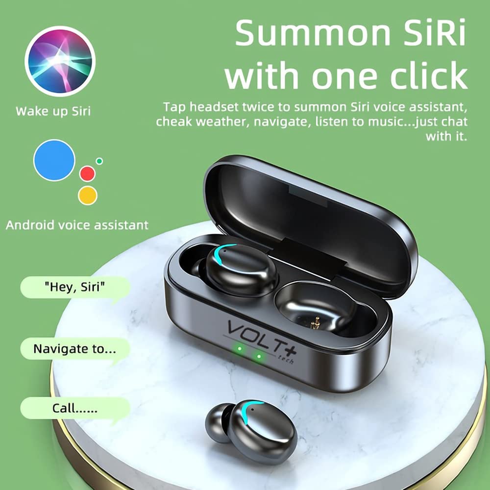 VOLT PLUS TECH Slim Travel Wireless V5.1 Earbuds Compatible with Aukey DR02 Updated Micro Thin Case with Quad Mic 8D Bass IPX7 Waterproof/Sweatproof (Black)