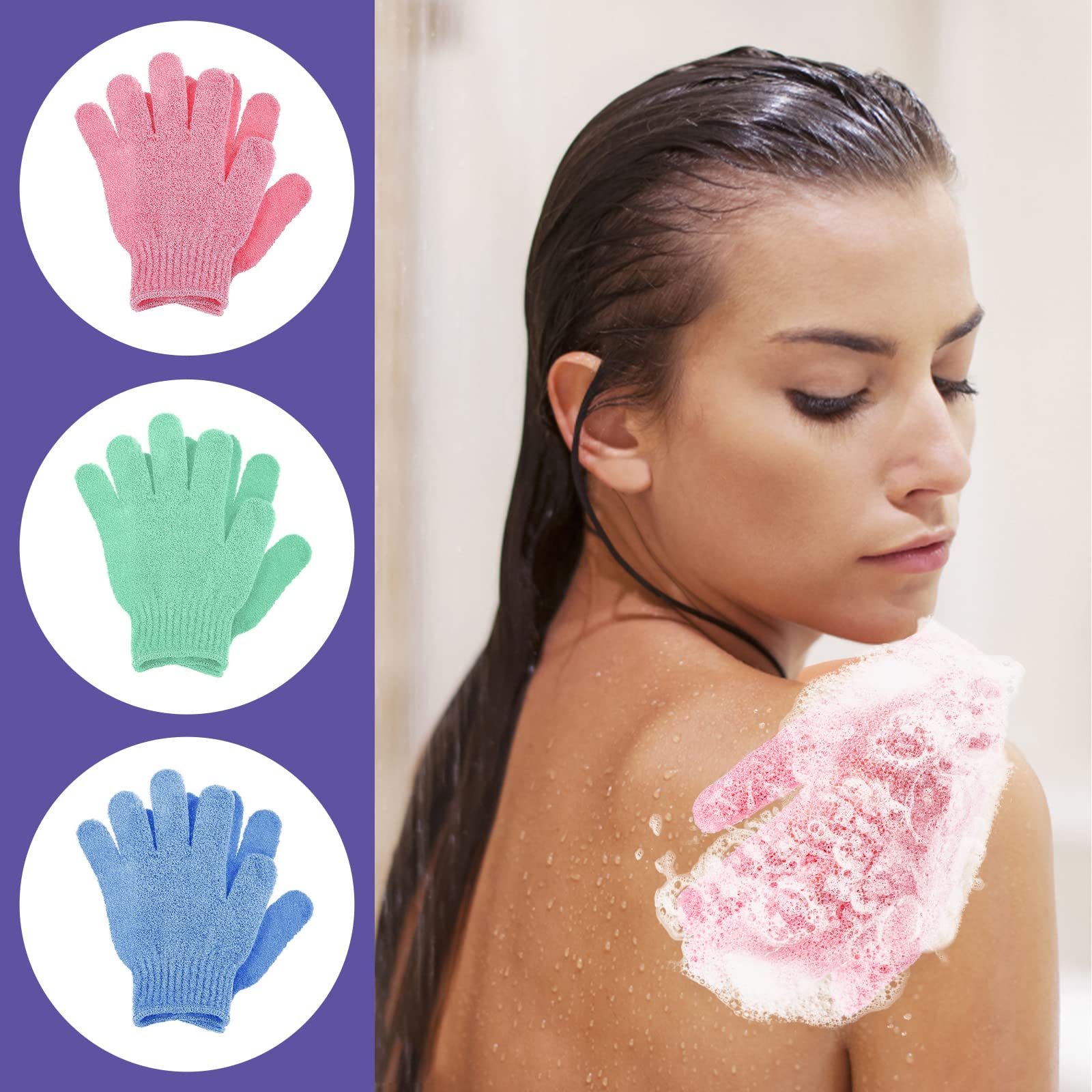 Sibba 3 Pair Bath Gloves for Shower Natural Loofah Exfoliating Wash Gloves for Body and Face, Dead Skin Remover, Double Sided Microfibre Shower Body Gloves for Adults and Kids