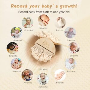 Boho Baby Monthly Milestone Cards | 7 Pcs Wooden Double Sided Discs from Newborn to 1 Year | Baby Gift Sets incl. Hello World Baby Birth Announcement Sign for Baby Shower & Photo Props