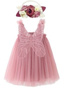 bgfks layered butterfly tulle tutu dress for baby girls,toddler girl princess dress with flower headband(dusty rose,12 months)