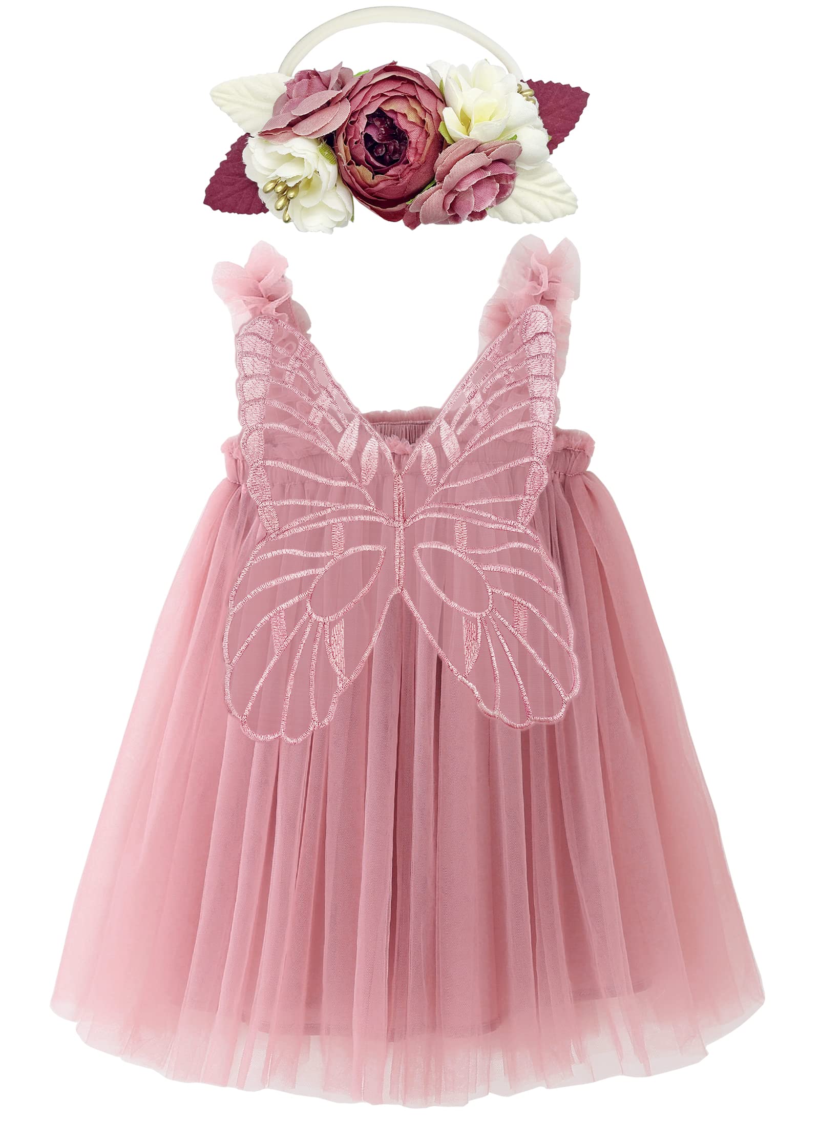 BGFKS Layered Butterfly Tulle Tutu Dress for Baby Girls,Toddler Girl Princess Dress with Flower Headband(Dusty Rose,12 Months)