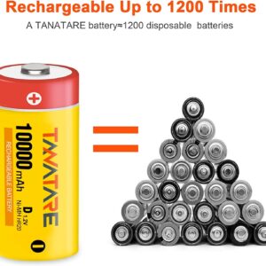 Tanatare 8 Count Rechargeable D Batteries 1.2V High Capacity 10000mAh NiMH D Size Rechargeable Batteries Low Self Discharge for Flashlights,Radios,Clocks,Toys