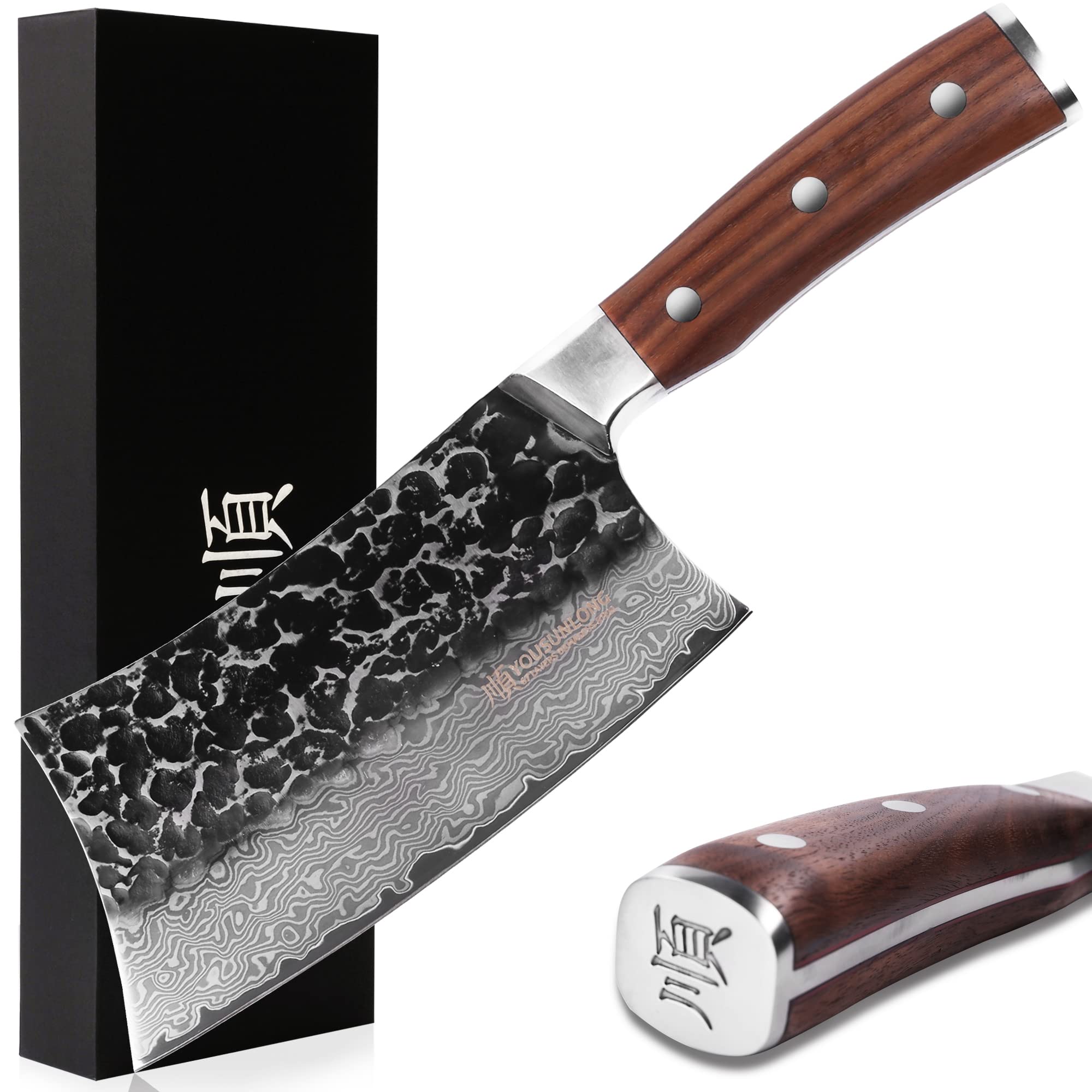 YOUSUNLONG Chopper Knife 7 Inch Meat Cleaver Butcher Axe Bone Chopper - Heavy Duty - Japanese Damascus thickened stainless steel - Natural Walnut Wood Handle