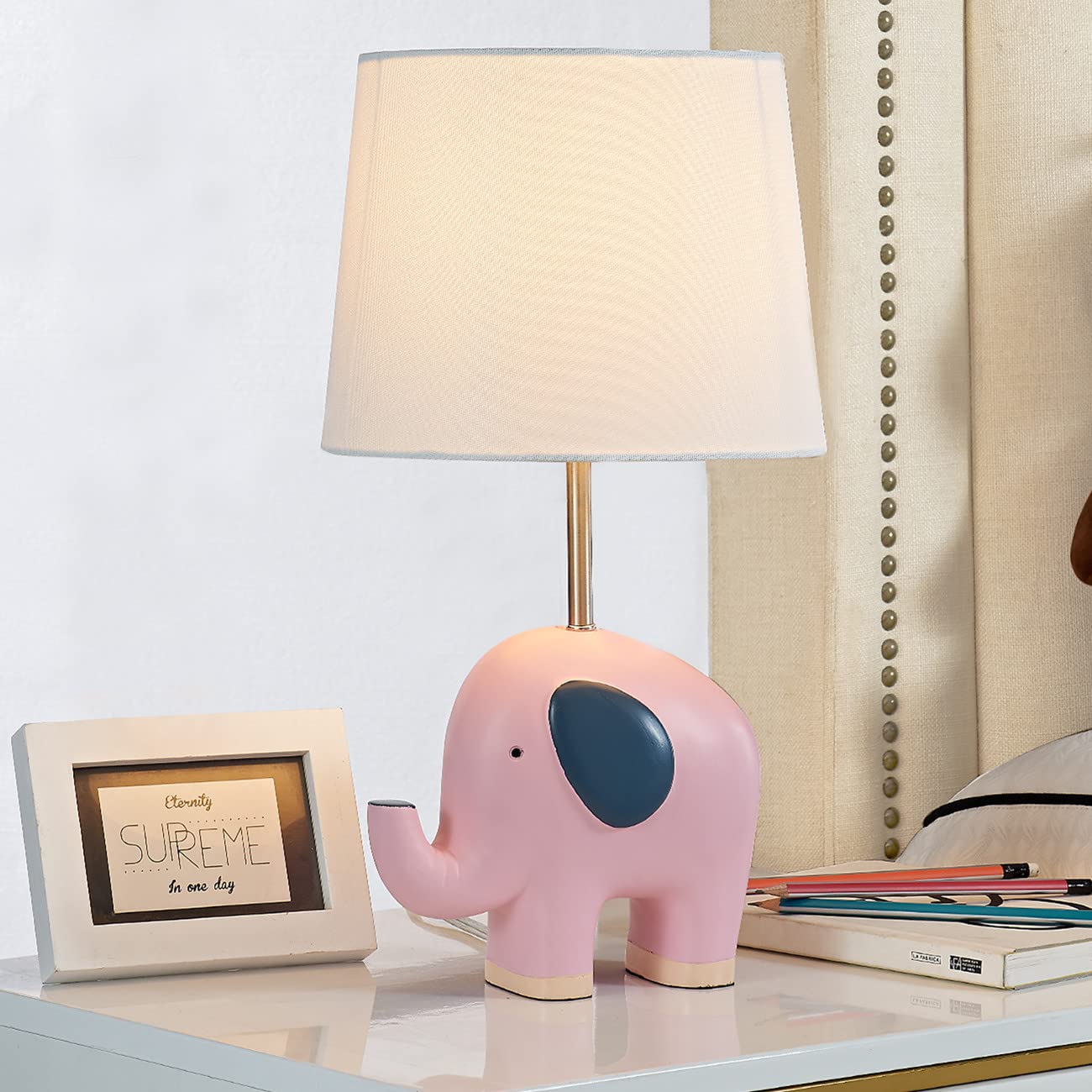 Maxax Table Lamp, Pink Elephant Bedside Nightstand Lamp with White Shade for Bedroom, Kindergarten, Preschool, 16.5 Inch