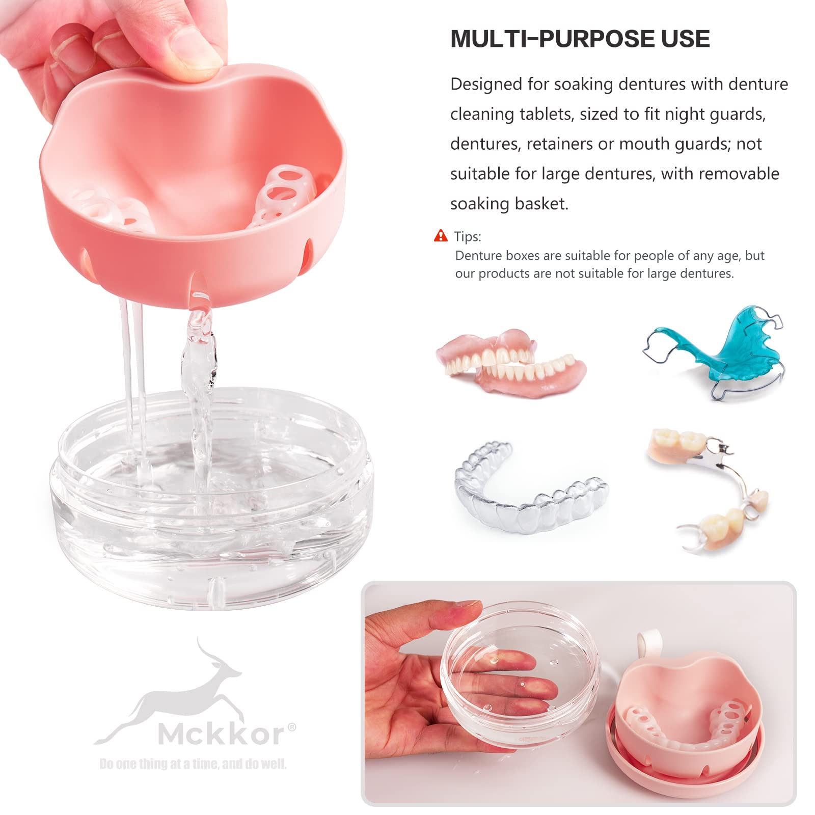 Denture Case, Definitely No-Leak Denture Bath Box for Traveling Perfectly, Denture Cup with Strainer & Mirror(Pink)