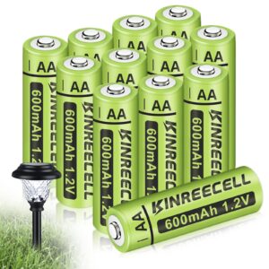 kinreecell rechargeable aa batteries, ni-mh double a solar batteries high capacity 1.2v pre-charged for outdoor solar lights, string lights pathway lights (aa-600mah-12pack)