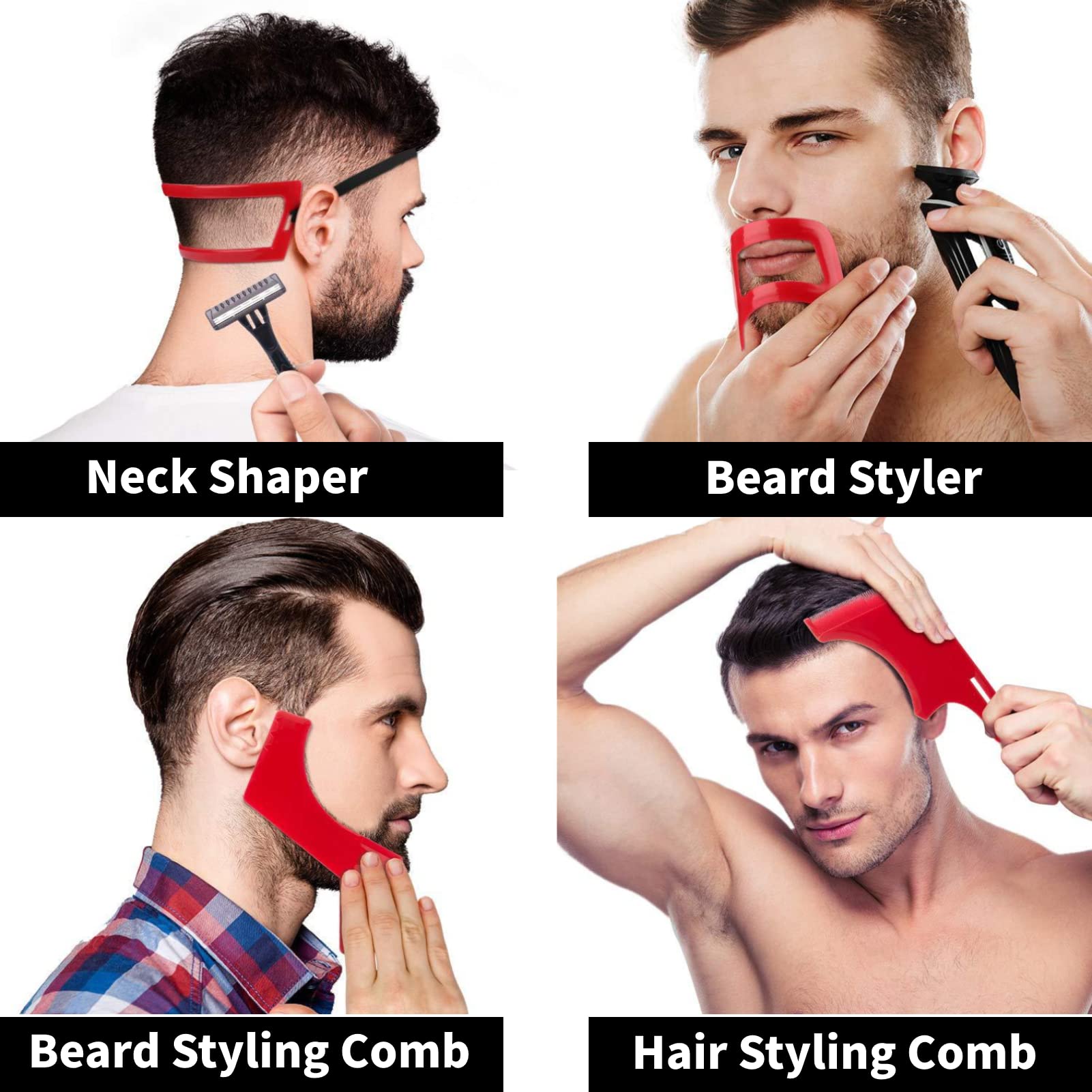 Beard Hairline Shaping Tool Kit for Men, Beard Shaping Tool Kit Beard Styling Cutting Hairline Grooming Red Plastic Beard Template Set