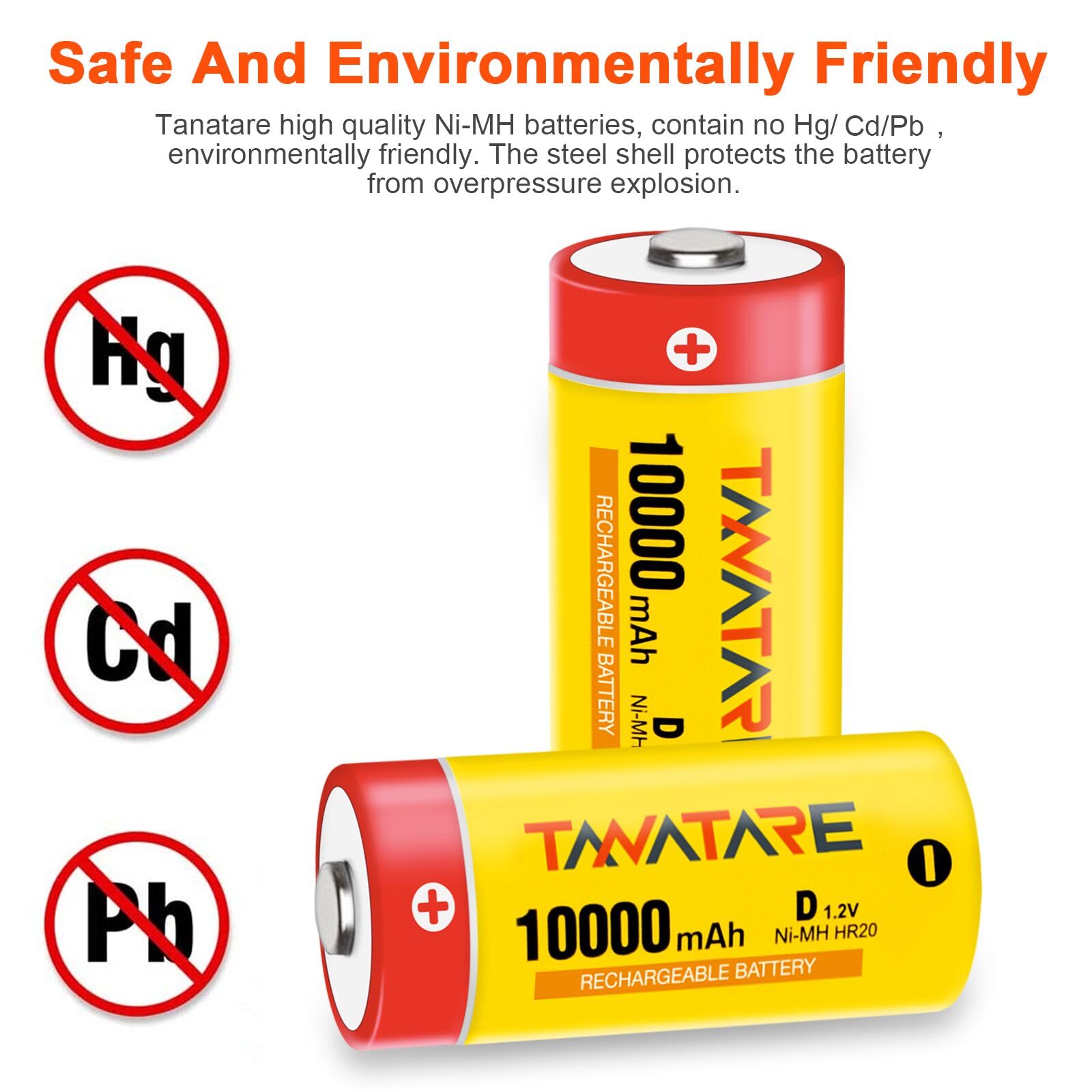 Tanatare 8 Count Rechargeable D Batteries 1.2V High Capacity 10000mAh NiMH D Size Rechargeable Batteries Low Self Discharge for Flashlights,Radios,Clocks,Toys