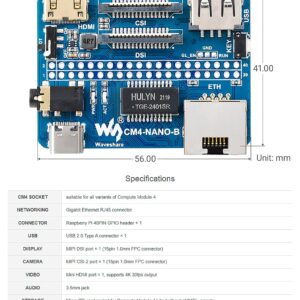 Nano Base Board (B) for Compute Module 4 Lite/eMMC,with Raspberry Pi 40PIN GPIO Header,Gigabit Ethernet RJ45,MIPI CSI-2 Port Connector 3.5mm Jack Audio