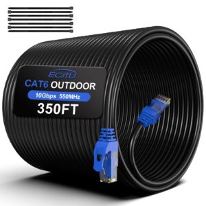 350ft cat6 outdoor ethernet cable, in-ground, heavy duty direct burial, 24awg cca patch cord, poe, utp, waterproof, lldpe uv resistant, network, internet, lan, cat 6 cable 350 feet with 25 cable ties