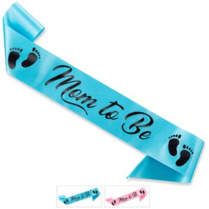 corrure baby shower mom to be sash for boy or girl - beautiful blue ribbon sash and black foil text - ideal gender reveal, baby shower favors, welcome baby, mom to be or baby sprinkle gift