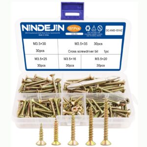 nindejin flat head wood screws assortment kit, phillips drive self tapping screws, m3.5 small wood screws, finish with yellow zinc plated, 151 pcs self-tapping screws set with 1pcs phillips screw bit