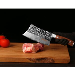 YOUSUNLONG Chopper Knife 7 Inch Meat Cleaver Butcher Axe Bone Chopper - Heavy Duty - Japanese Damascus thickened stainless steel - Natural Walnut Wood Handle