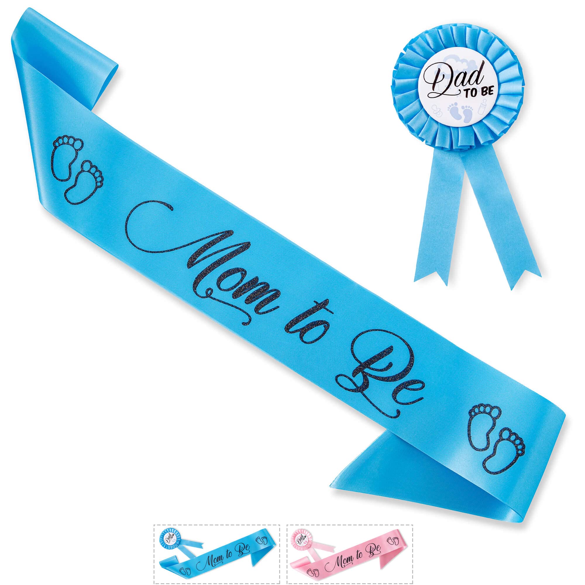 CORRURE Baby Shower Sash and Button Pin for Boy - 'Mom to Be' Sash and 'Dad to Be' Pin with Beautiful Blue Ribbon and Black Glitter Text - Ideal Mom and Dad Gift for Gender Reveal/Baby Shower