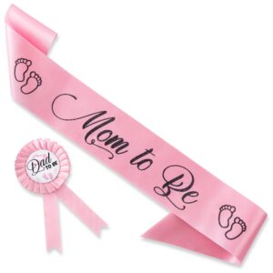 corrure baby shower sash and button pin for girl - 'mom to be' sash and 'dad to be' pin with beautiful pink ribbon and black glitter text - ideal mom and dad gift for gender reveal/baby shower