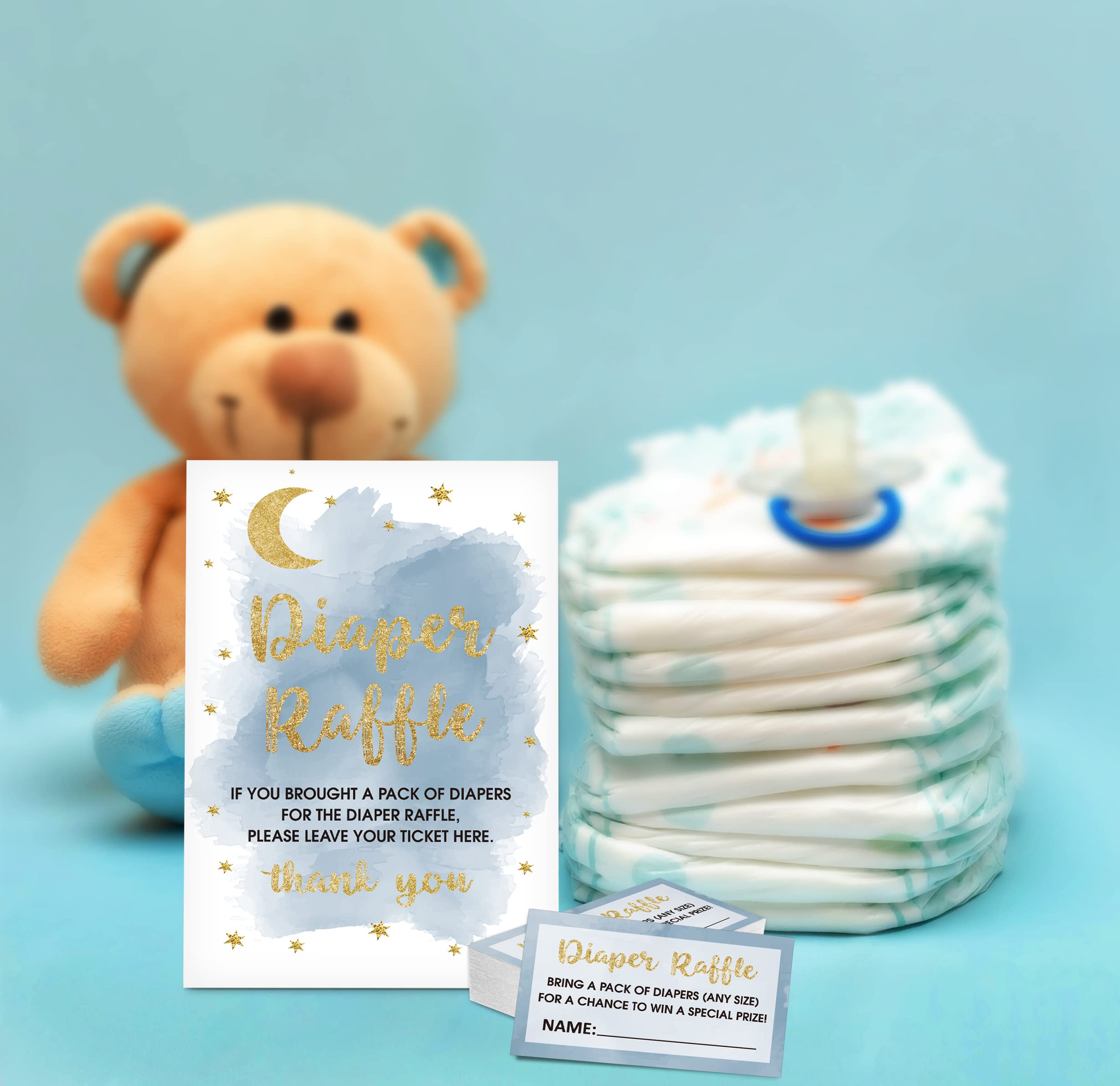 Gihyan Diaper Raffle Baby Shower Game Set(1 Standing Sign + 50 Guessing Cards), Moon and Stars Diaper Raffle Tickets for Baby Shower, Twinkle Twinkle Little Star Baby Shower Party Favor Decor - B09