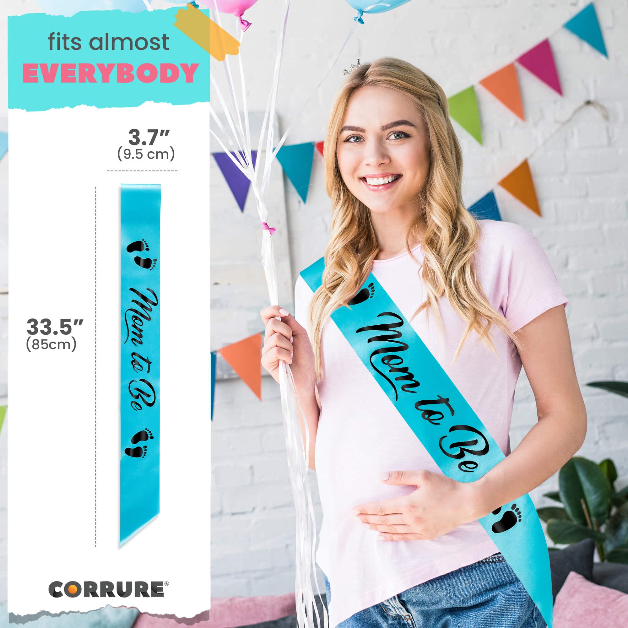 CORRURE Baby Shower Mom to Be Sash for Boy or Girl - Beautiful Blue Ribbon Sash and Black Foil Text - Ideal Gender Reveal, Baby Shower Favors, Welcome Baby, Mom to Be or Baby Sprinkle Gift