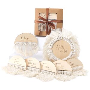 boho baby monthly milestone cards | 7 pcs wooden double sided discs from newborn to 1 year | baby gift sets incl. hello world baby birth announcement sign for baby shower & photo props