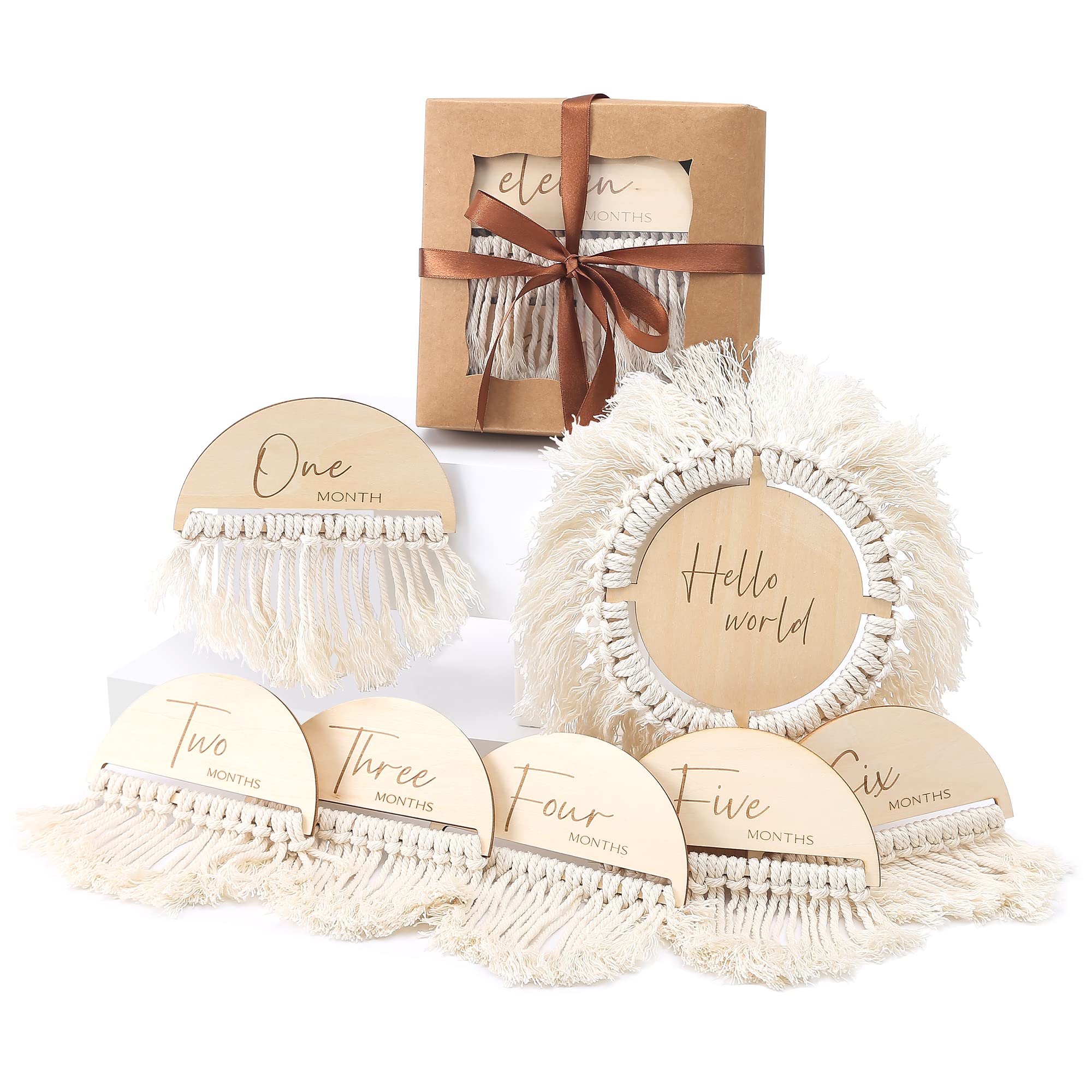 Boho Baby Monthly Milestone Cards | 7 Pcs Wooden Double Sided Discs from Newborn to 1 Year | Baby Gift Sets incl. Hello World Baby Birth Announcement Sign for Baby Shower & Photo Props