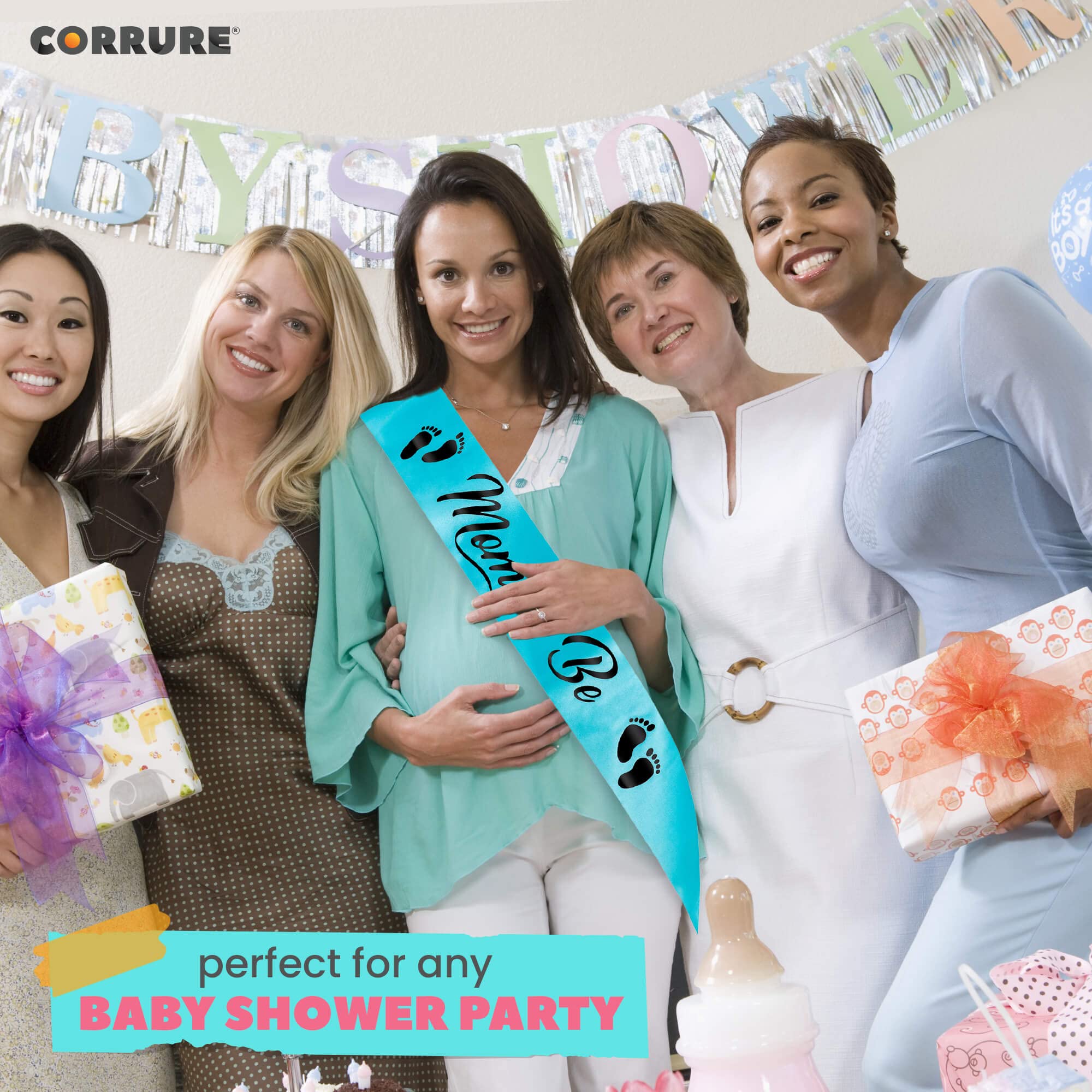 CORRURE Baby Shower Mom to Be Sash for Boy or Girl - Beautiful Blue Ribbon Sash and Black Foil Text - Ideal Gender Reveal, Baby Shower Favors, Welcome Baby, Mom to Be or Baby Sprinkle Gift