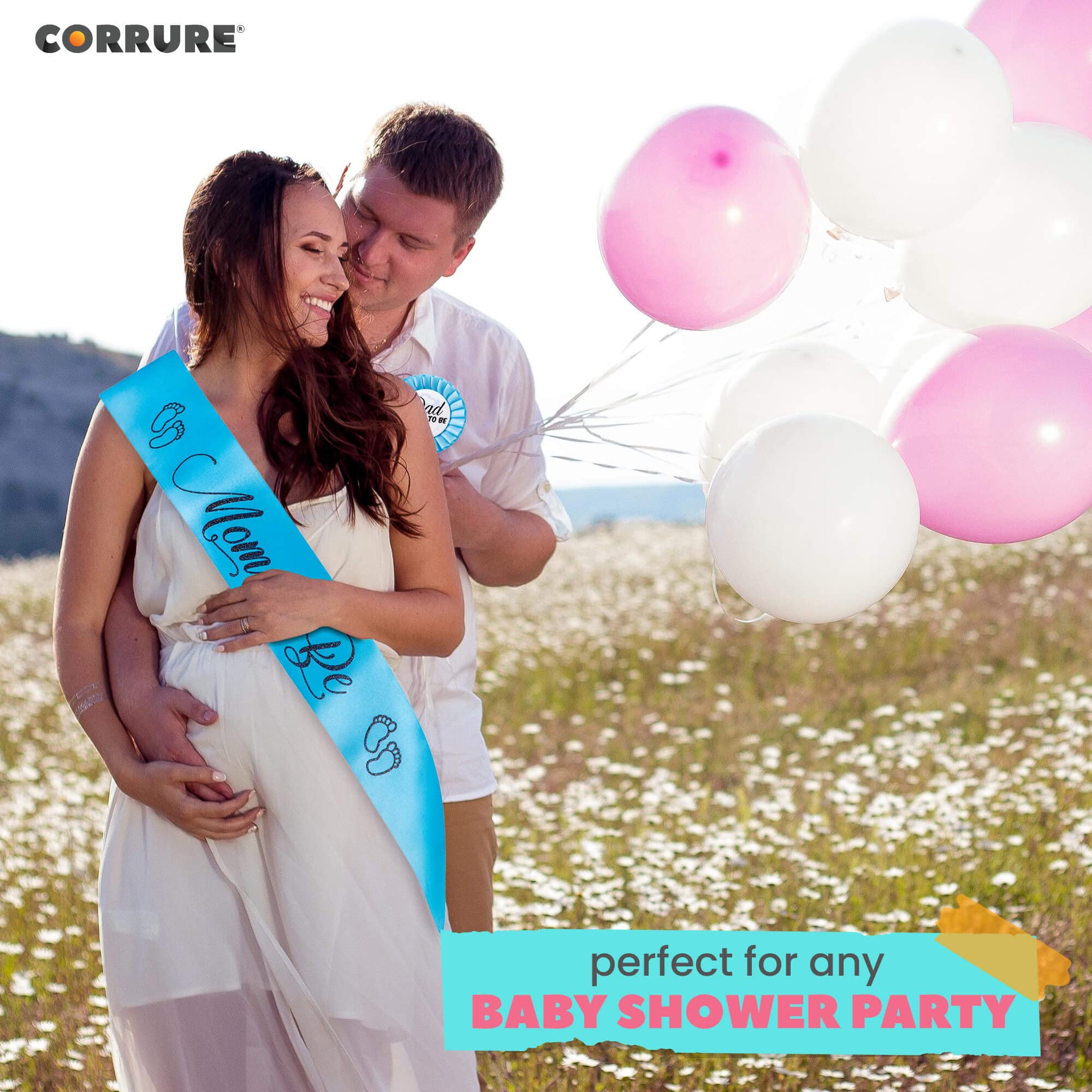 CORRURE Baby Shower Sash and Button Pin for Boy - 'Mom to Be' Sash and 'Dad to Be' Pin with Beautiful Blue Ribbon and Black Glitter Text - Ideal Mom and Dad Gift for Gender Reveal/Baby Shower