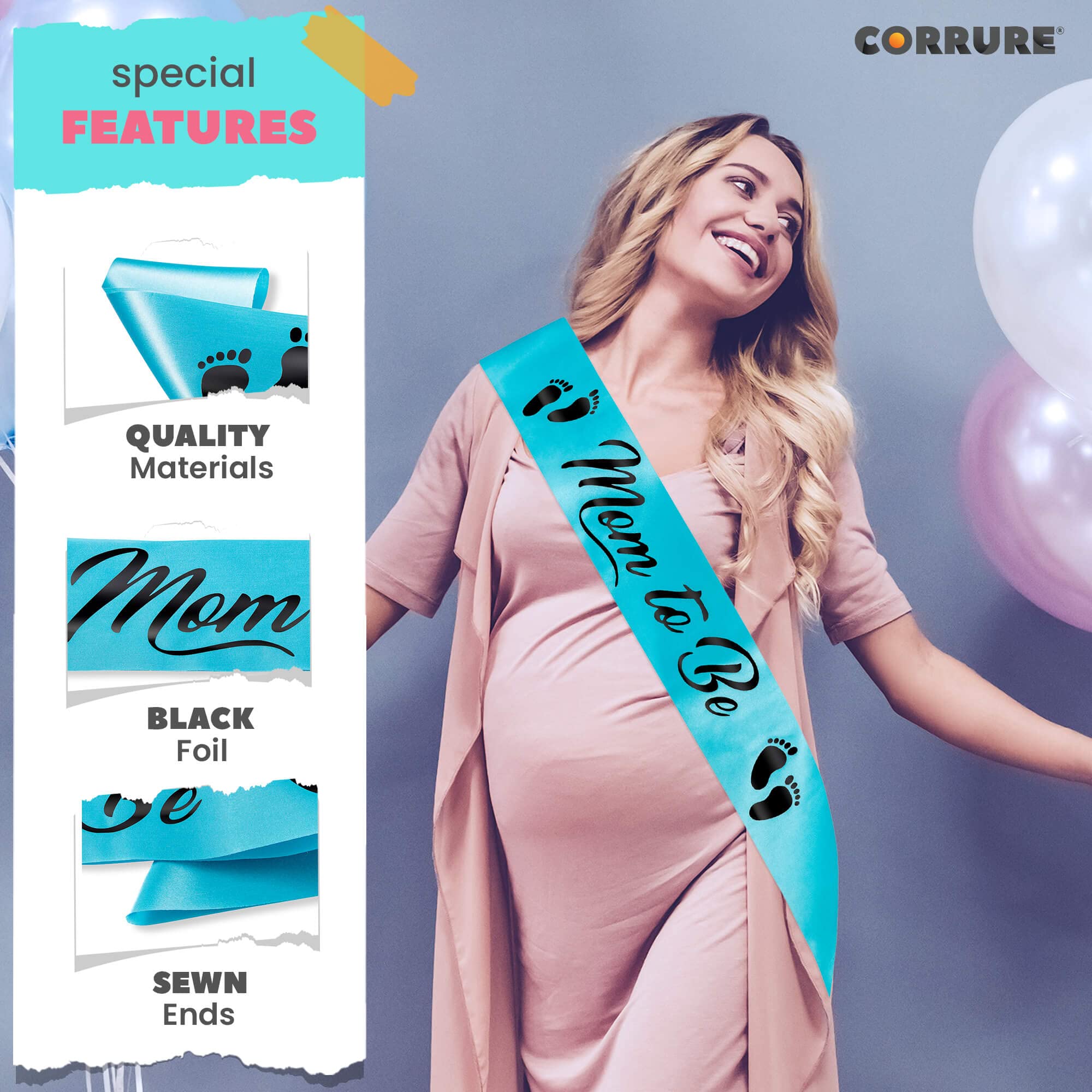 CORRURE Baby Shower Mom to Be Sash for Boy or Girl - Beautiful Blue Ribbon Sash and Black Foil Text - Ideal Gender Reveal, Baby Shower Favors, Welcome Baby, Mom to Be or Baby Sprinkle Gift