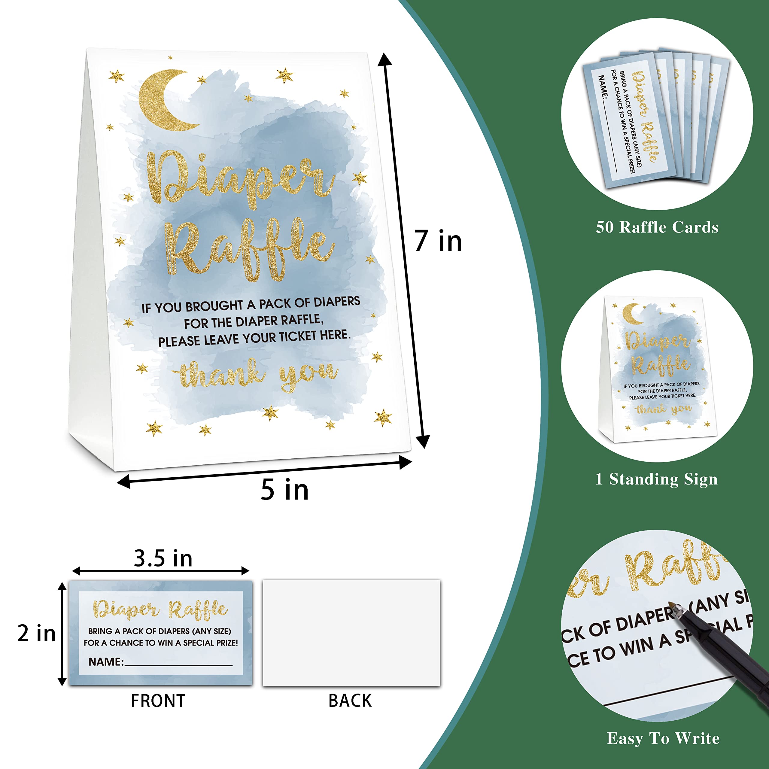 Gihyan Diaper Raffle Baby Shower Game Set(1 Standing Sign + 50 Guessing Cards), Moon and Stars Diaper Raffle Tickets for Baby Shower, Twinkle Twinkle Little Star Baby Shower Party Favor Decor - B09