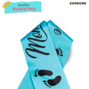 CORRURE Baby Shower Mom to Be Sash for Boy or Girl - Beautiful Blue Ribbon Sash and Black Foil Text - Ideal Gender Reveal, Baby Shower Favors, Welcome Baby, Mom to Be or Baby Sprinkle Gift