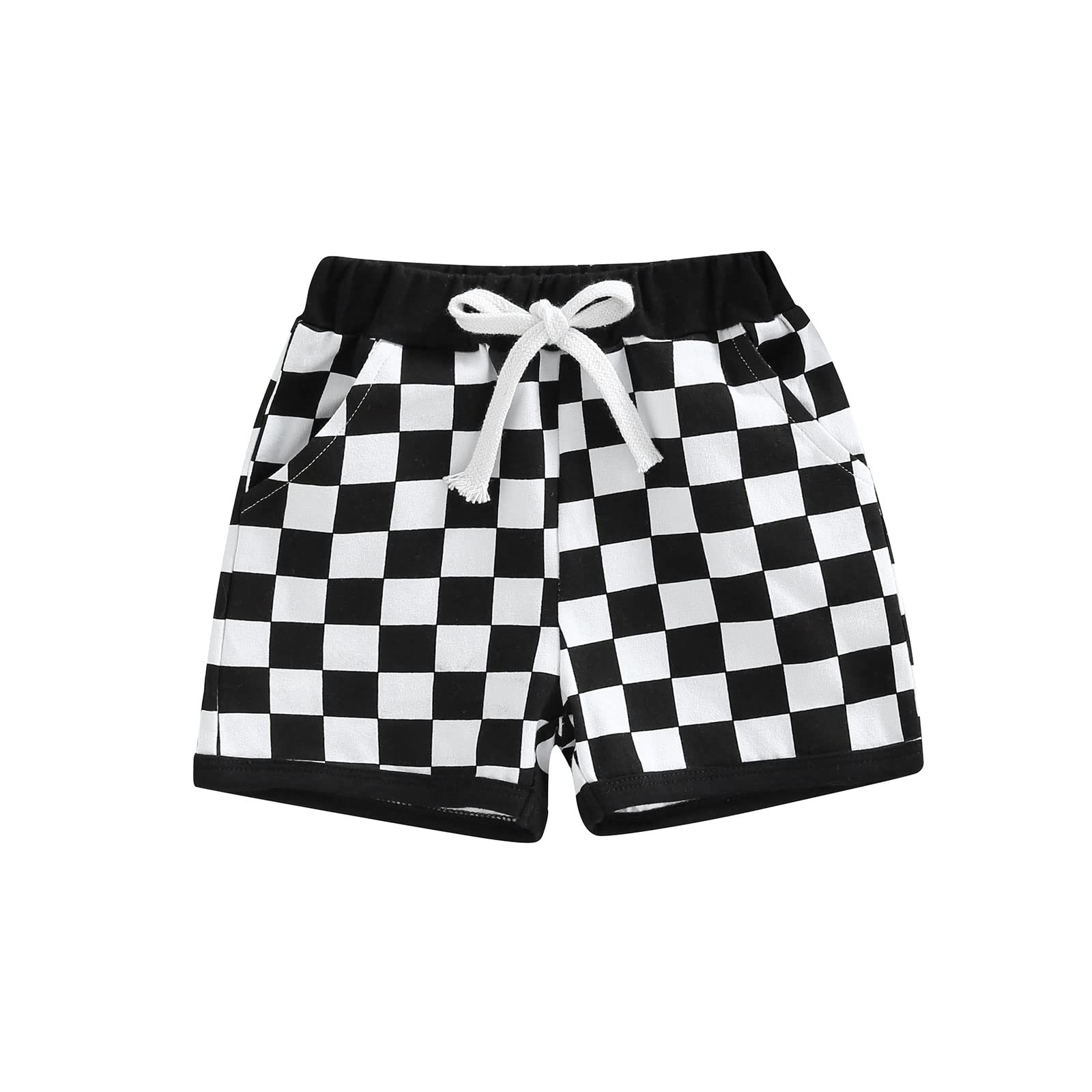 Newborn Toddler Baby Boy Shorts Summer Cotton Checkerboard Plaid Jogger Shorts Elastic Waist Casual Short Pants 0-3T Black