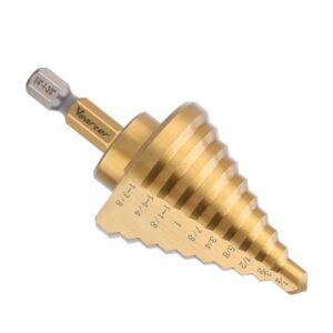 vearter hss straight groove step drill bits, 1/4" - 1-3/8" unibit 10 steps m2 material titanium coated hex shank for drilling holes in stainless steel aluminium sheet metal wood plastic pvc