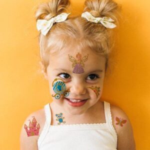 Ooopsiun Glitter Princess Temporary Tattoos for Girls - 70 Gold Glitter Styles, Princess Birthday Party Decorations Supplies Favors for Gilrs Kids