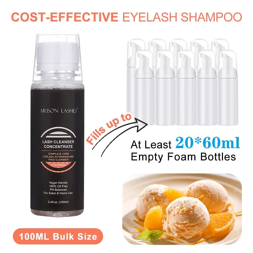 Eyelash Cleanser Concentrate 100ml Lash Extensions Shampoo Natural Foaming Cleanser DIY Non-lrritating Wash for Extensions Lashes with Salon Home Care-Makes 20 Bottles 60ml lash Shampoo (ICE-Cream)