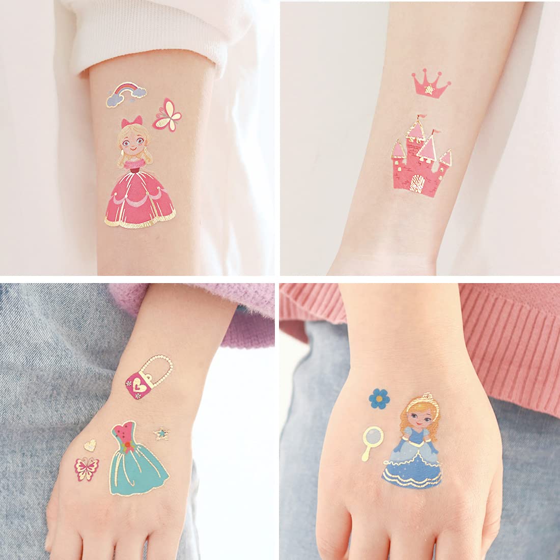 Ooopsiun Glitter Princess Temporary Tattoos for Girls - 70 Gold Glitter Styles, Princess Birthday Party Decorations Supplies Favors for Gilrs Kids