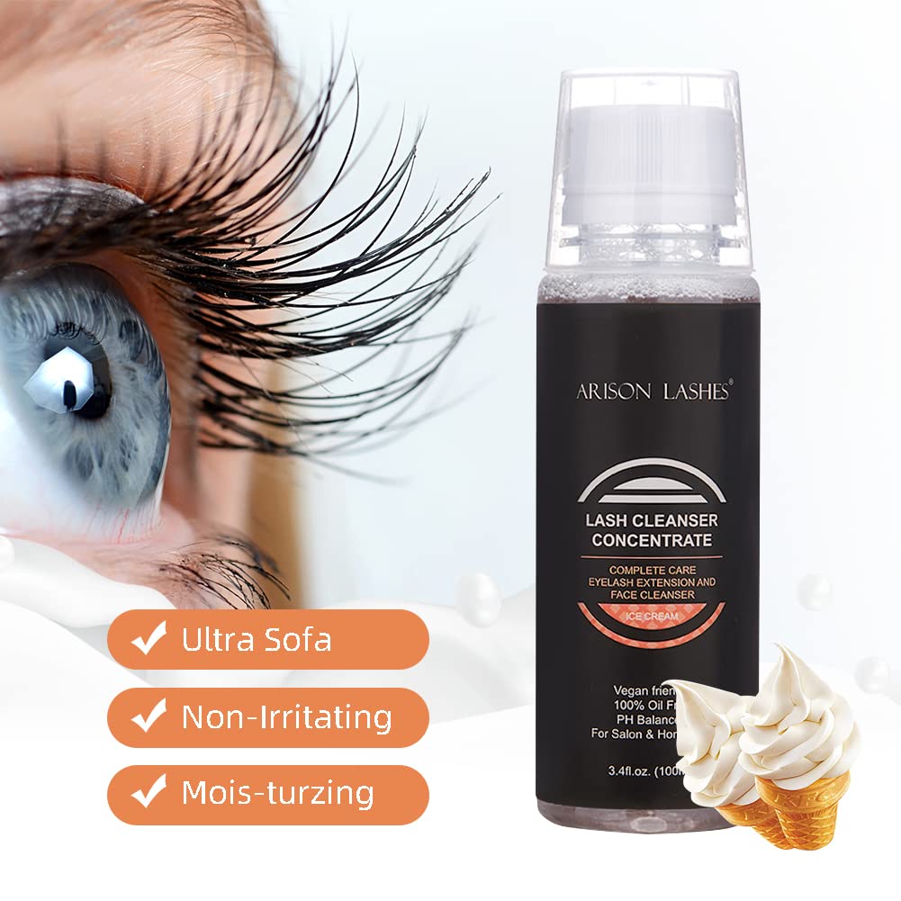 Eyelash Cleanser Concentrate 100ml Lash Extensions Shampoo Natural Foaming Cleanser DIY Non-lrritating Wash for Extensions Lashes with Salon Home Care-Makes 20 Bottles 60ml lash Shampoo (ICE-Cream)