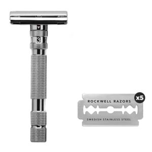 rockwell t2 | twist-to-open (tto) double-edge safety razor | full metal | includes 5 fully recyclable stainless steel blades (gunmetal chrome)