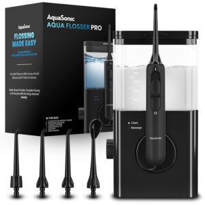 aquasonic aqua flosser pro | professional water flosser with large capacity reservoir | oral irrigator w/ 2 modes, 10 levels of water pressure, 4 included tips | sleek & compact | dentist recommended