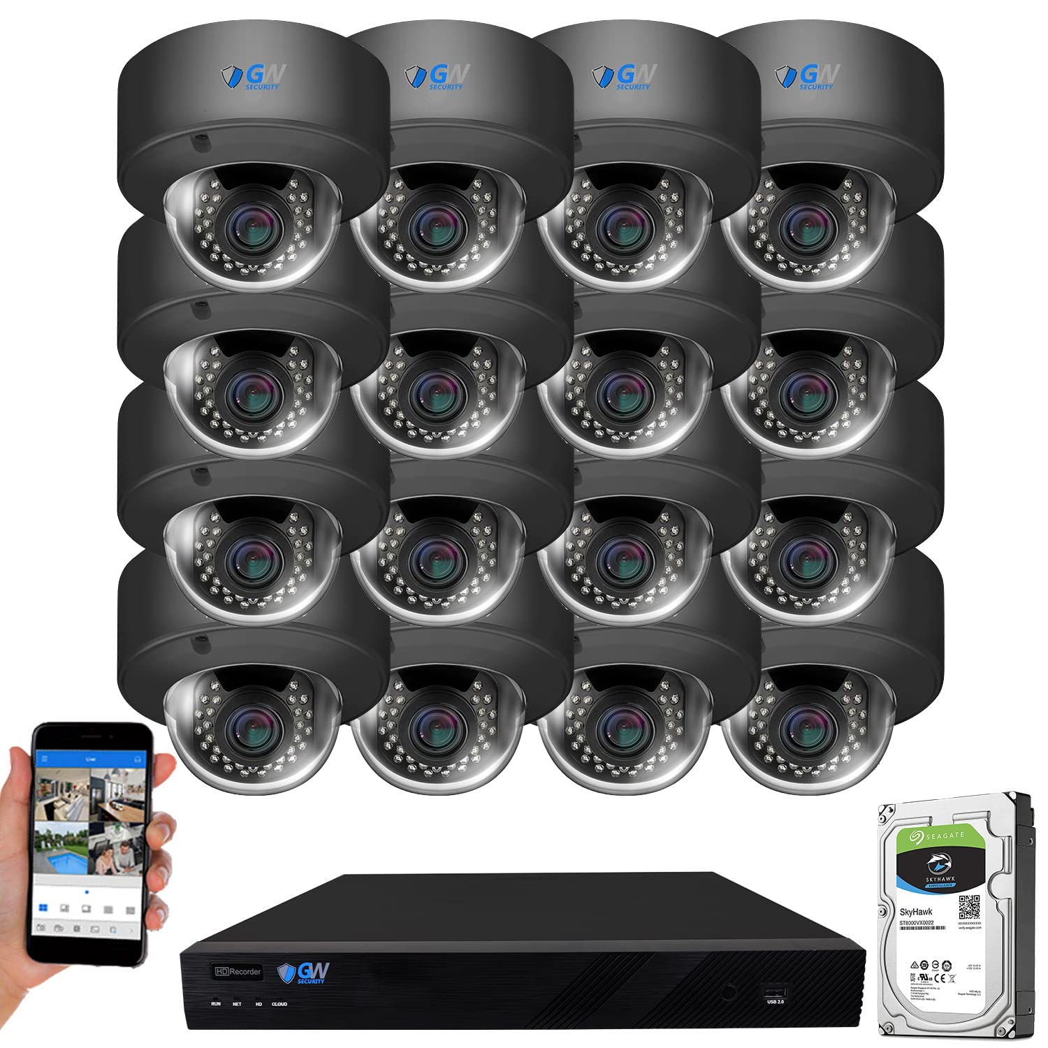 GW Security 16 Channel 4K NVR 8MP (3840x2160) H.265 IP PoE Security Camera System with 16 UHD 4K 2.8-12mm Varifocal Zoom Color Night Vision Waterproof AI Dome Camera, Intelligence AI Smart Functions