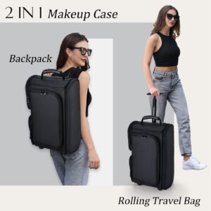 Hododou Rolling Makeup Train Case 2-Way Makeup Travel Backpack Cosmetic Organizer Case Portable Make up Case with Wheels Large Travel Cases Carry on Cosmetology Trolley Bag with 5 Pouches