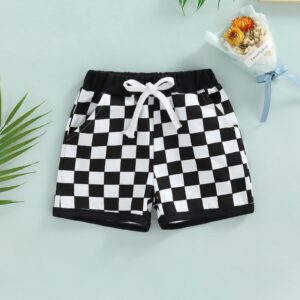 Newborn Toddler Baby Boy Shorts Summer Cotton Checkerboard Plaid Jogger Shorts Elastic Waist Casual Short Pants 0-3T Black