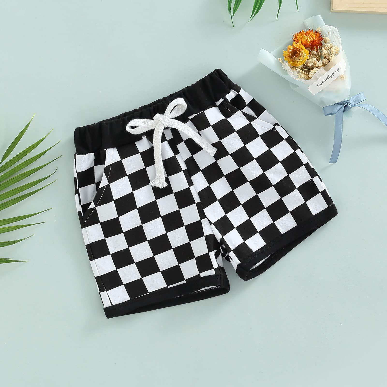 Newborn Toddler Baby Boy Shorts Summer Cotton Checkerboard Plaid Jogger Shorts Elastic Waist Casual Short Pants 0-3T Black