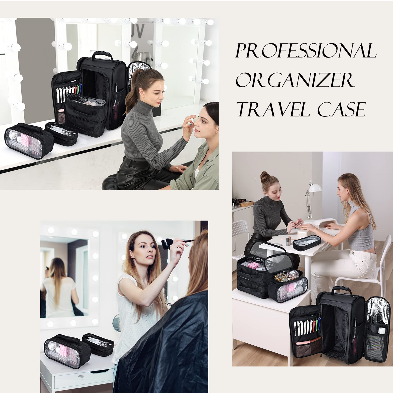 Hododou Rolling Makeup Train Case 2-Way Makeup Travel Backpack Cosmetic Organizer Case Portable Make up Case with Wheels Large Travel Cases Carry on Cosmetology Trolley Bag with 5 Pouches