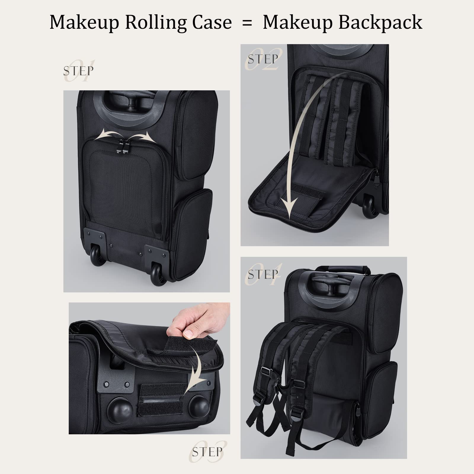 Hododou Rolling Makeup Train Case 2-Way Makeup Travel Backpack Cosmetic Organizer Case Portable Make up Case with Wheels Large Travel Cases Carry on Cosmetology Trolley Bag with 5 Pouches