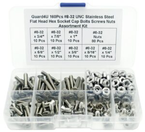 guard4u 160pcs #8-32 unc 304-stainless steel flat head countersunk hex socket cap bolts screws nuts assortment kit- #8-32x 1/4" 5/16" 3/8" 1/2" 5/8" 3/4" 7/8" 1"